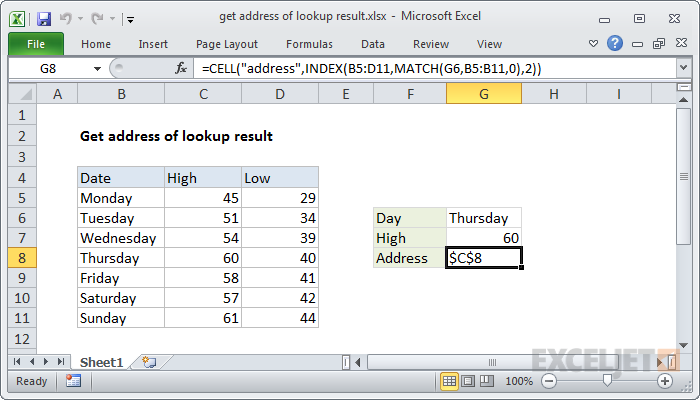 Excel Formula Get Address Of Lookup Result Exceljet